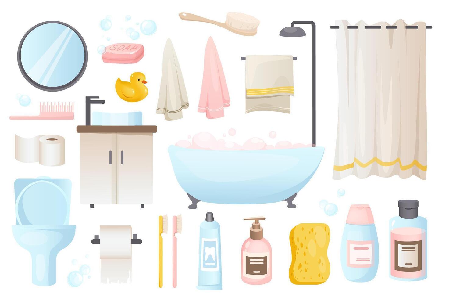 Bathroom tools set graphic elements in flat design. Bundle of bath ...