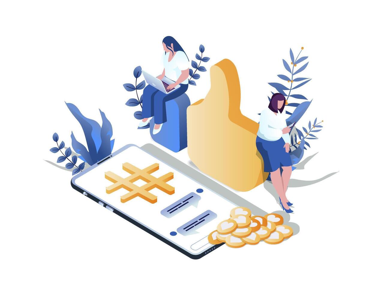 Social media platform concept 3d isometric web scene. People browsing and communicating online ...