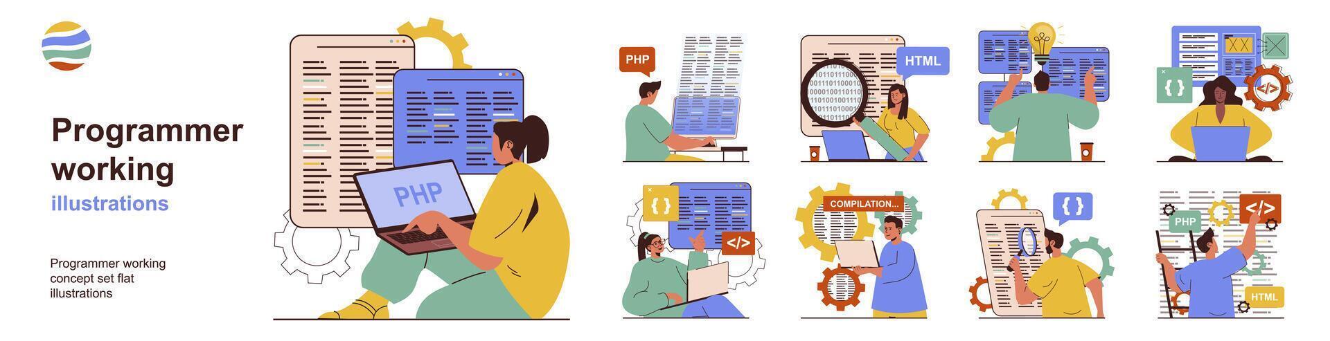 Programmer working concept with character situations collection. Bundle ...