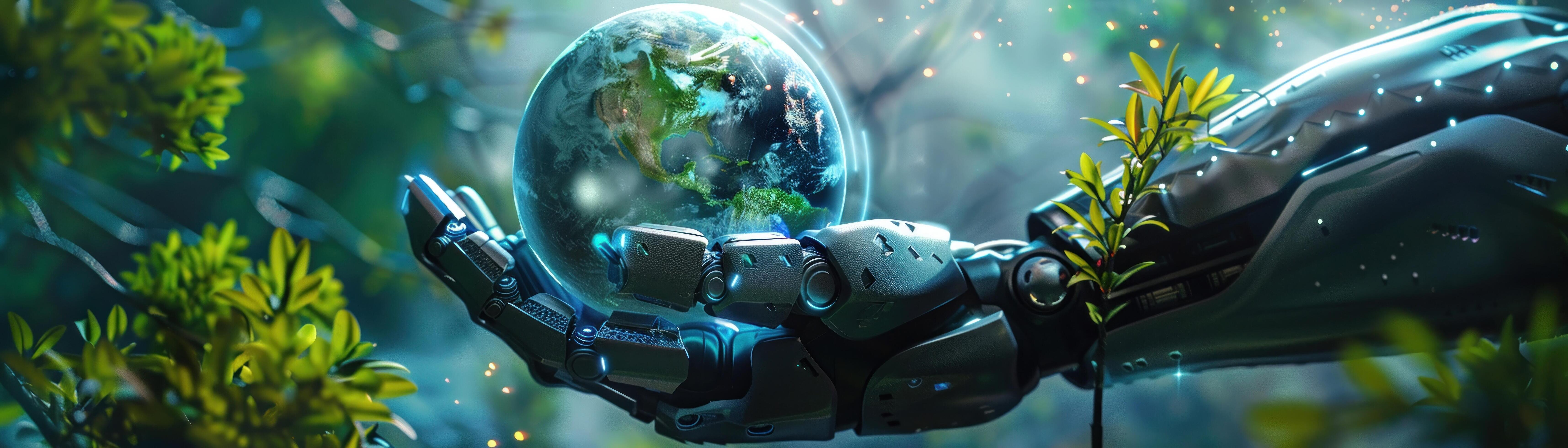 AI generated A Future tech robot hand hold a beautiful earth with green plants and nature ...