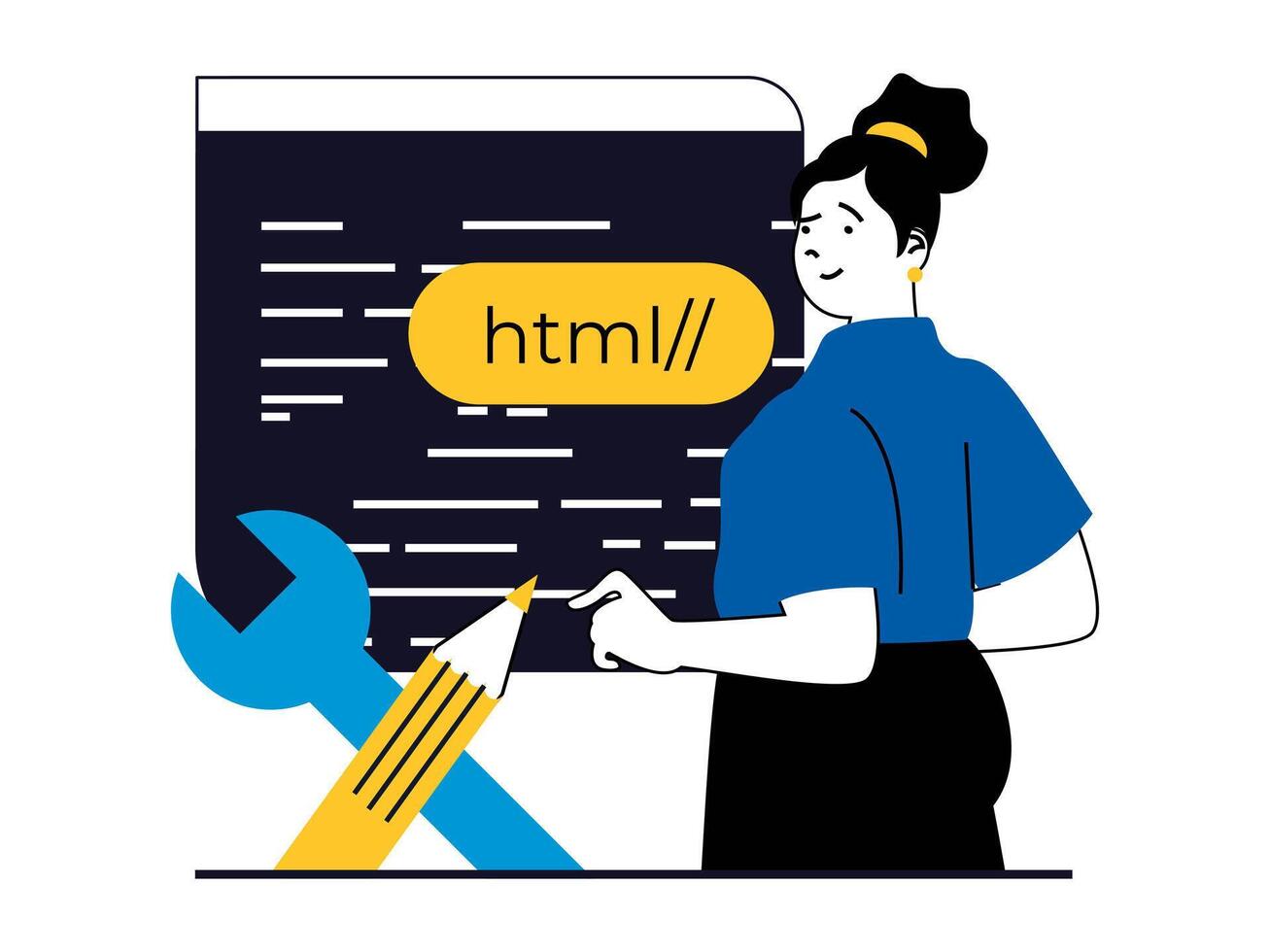 Web development concept with character situation. Woman creates layout ...