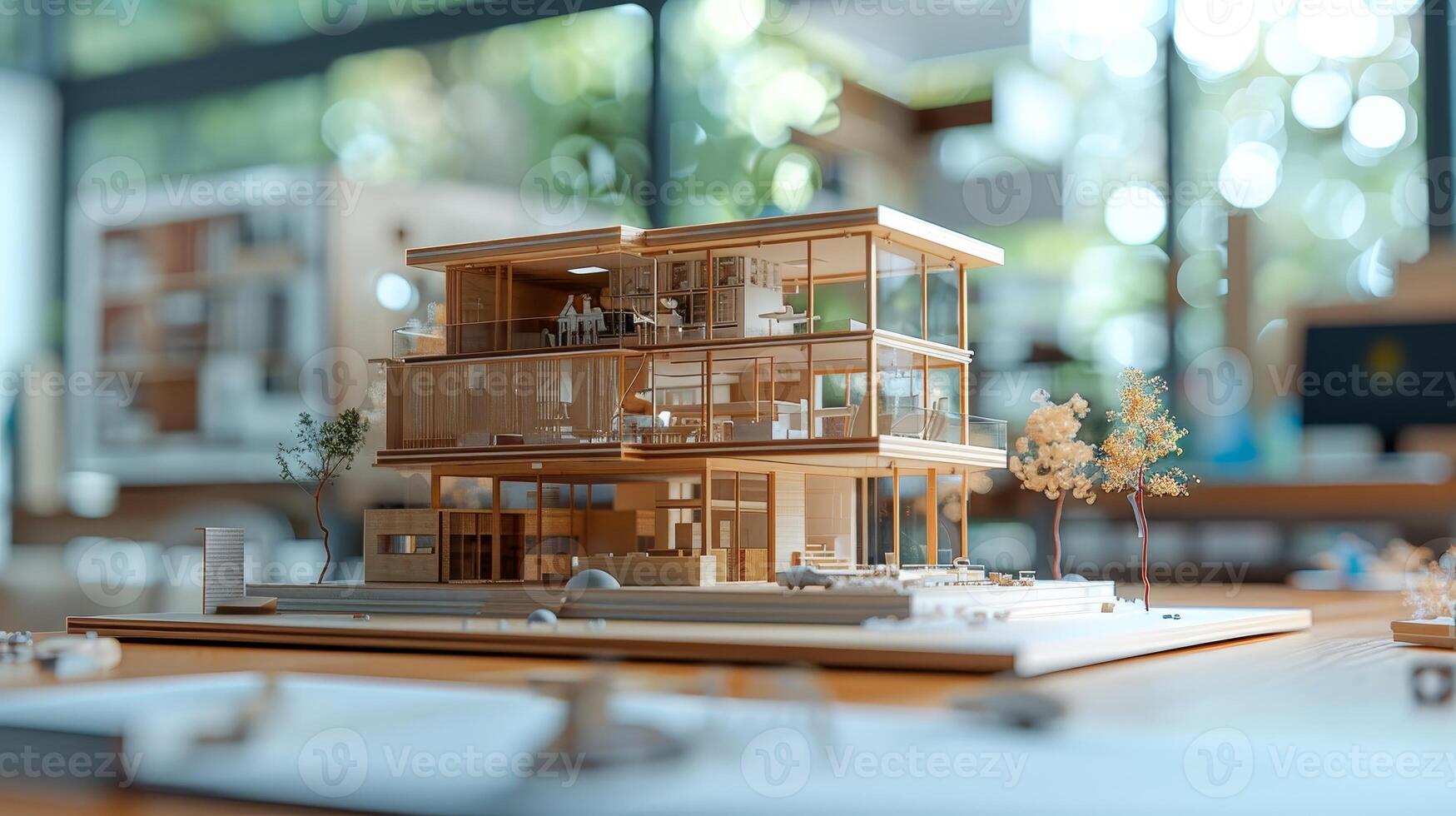 AI generated A meticulously crafted wooden architectural model of a ...