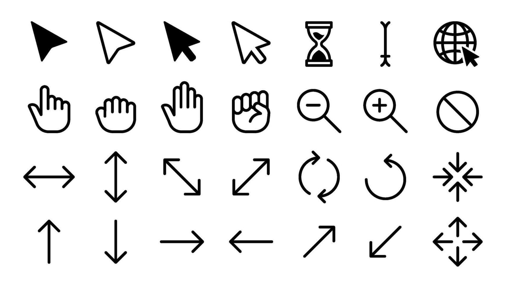 Cursor icons. Web internet scale arrow clicking computer pointer, hand mouse cursors. Static and ...