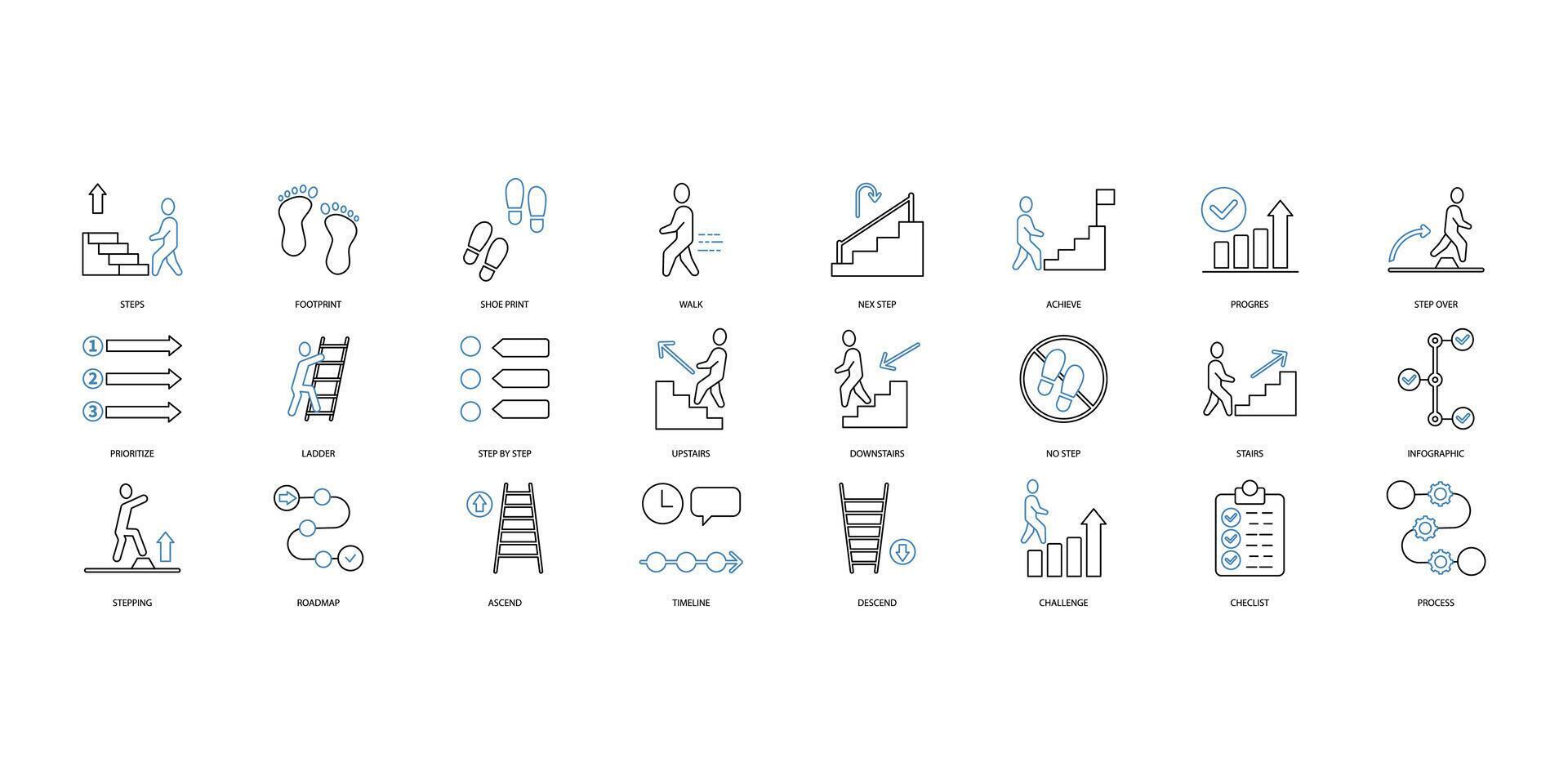 Steps icons set. Set of editable stroke icons.Vector set of Steps ...