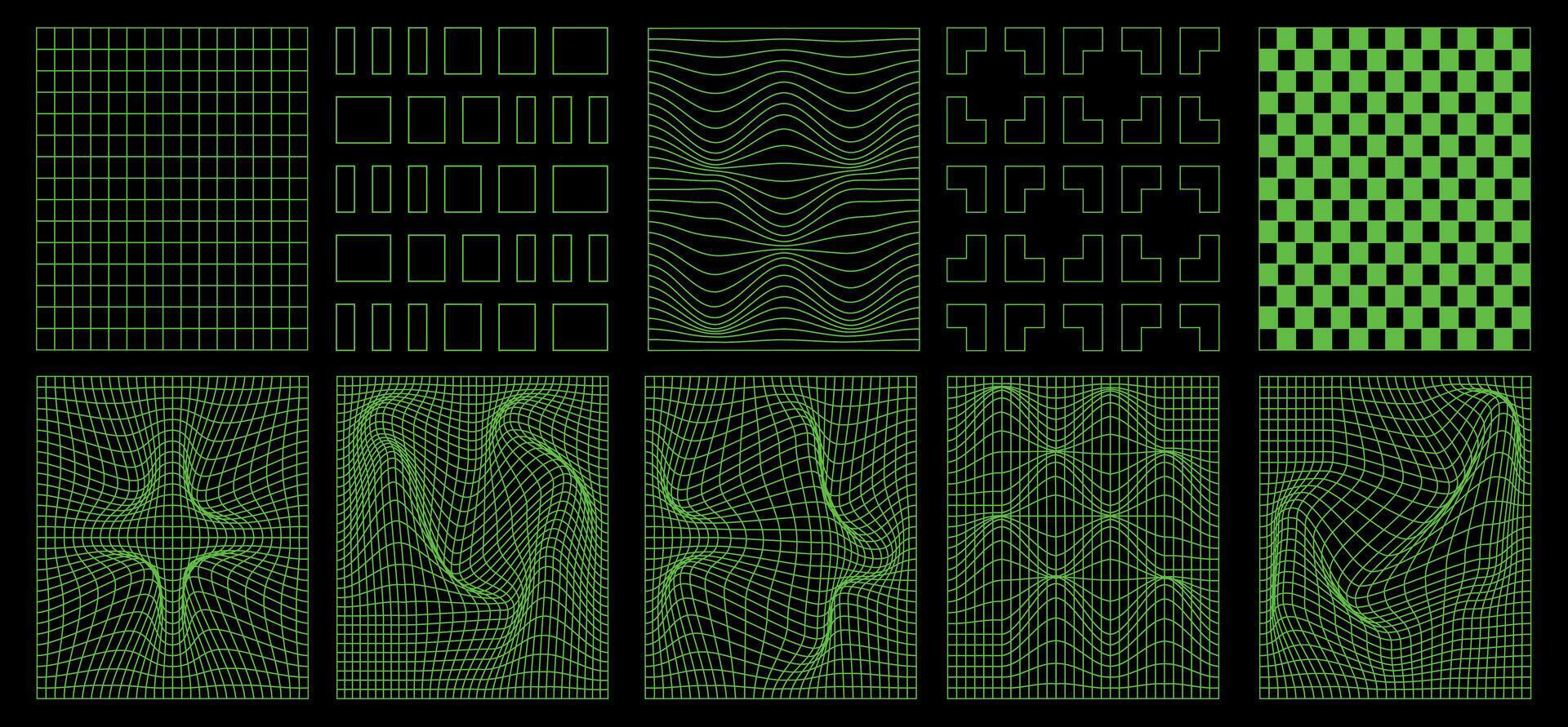Set of neon geometric wireframe grids. Distorted grids based on psychedelic motives. Modern ...