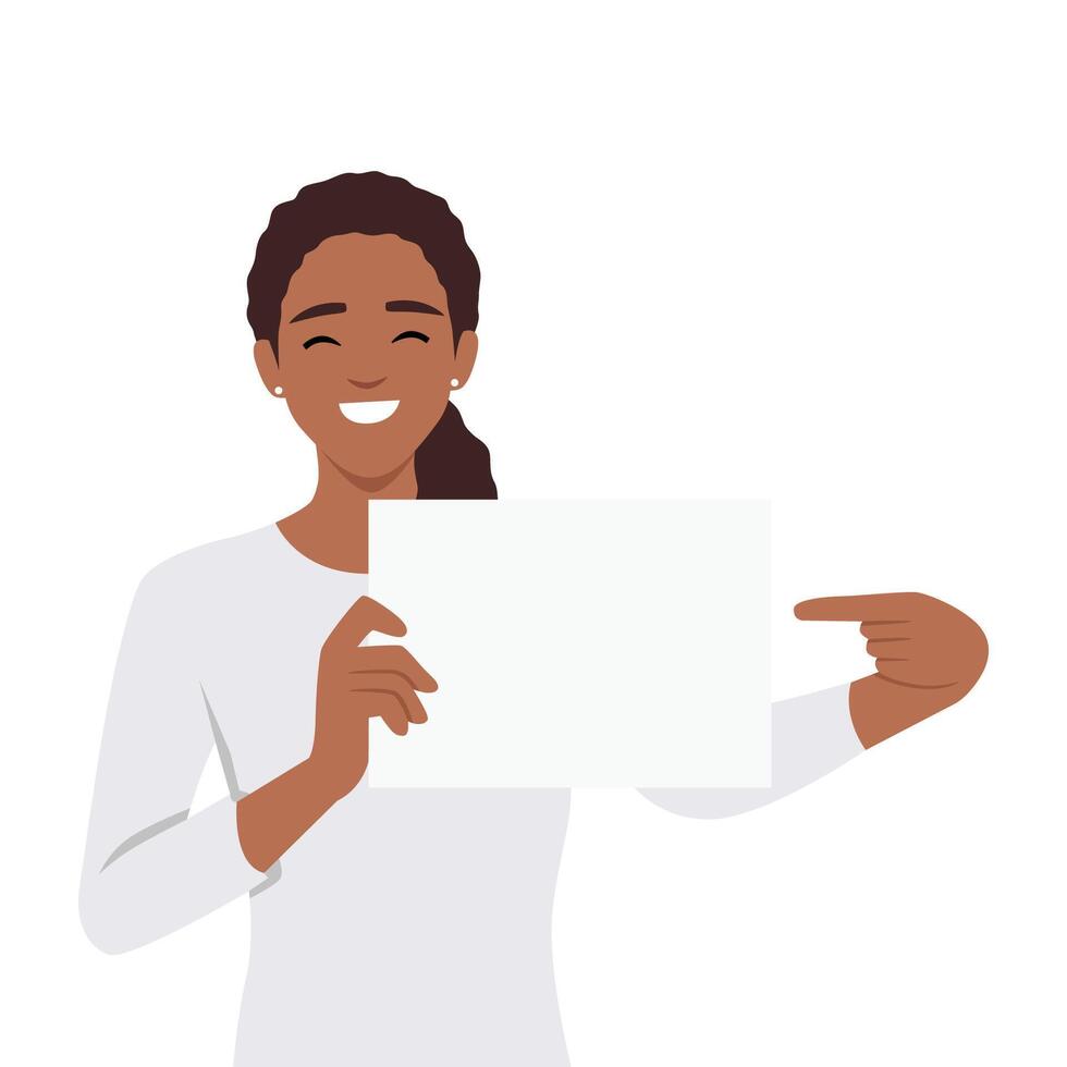 Happy woman points to a blank template. 42048860 Vector Art at Vecteezy