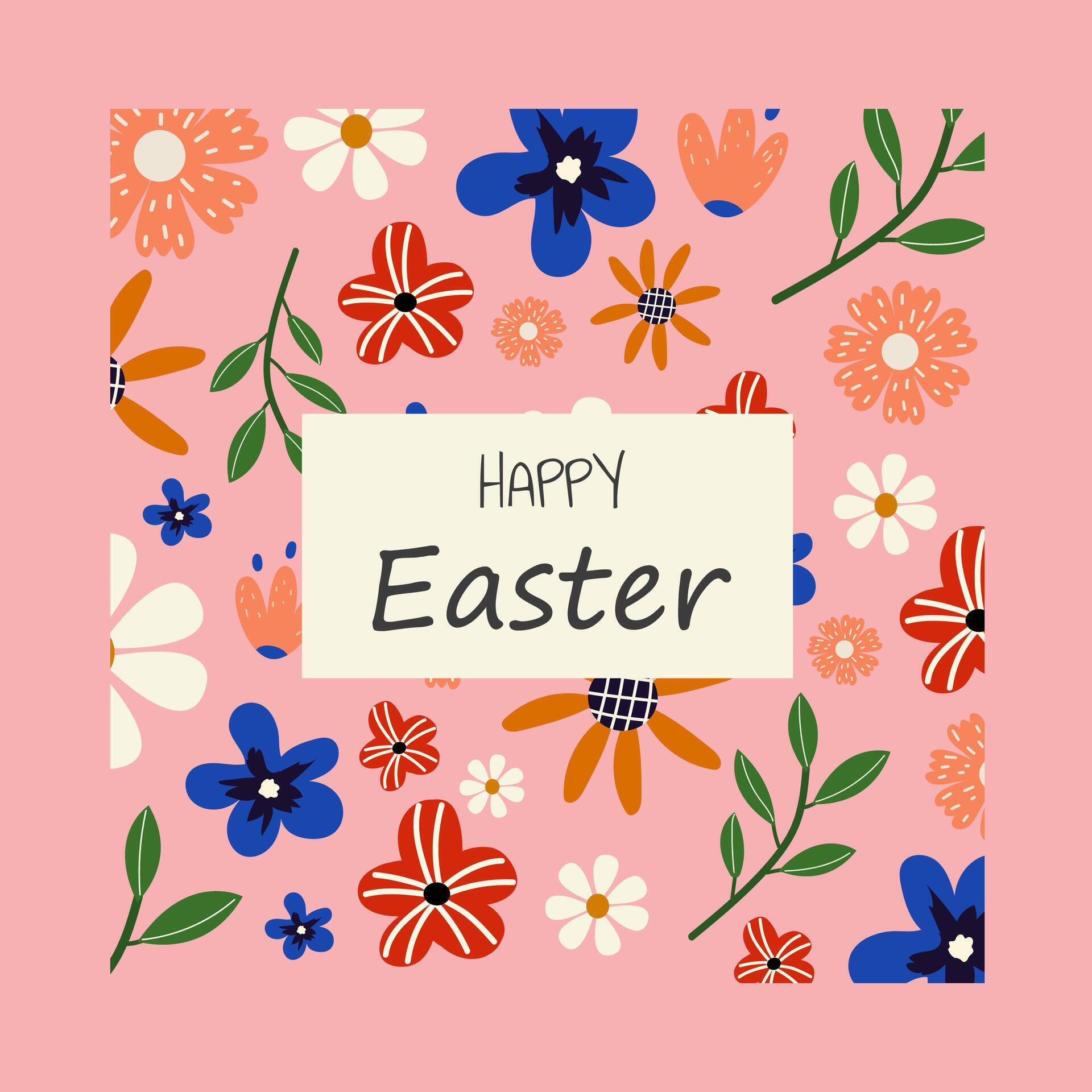 Cute Easter Card With Flowers Happy Easter Inscription Vector Spring Illustration Hand Drawn