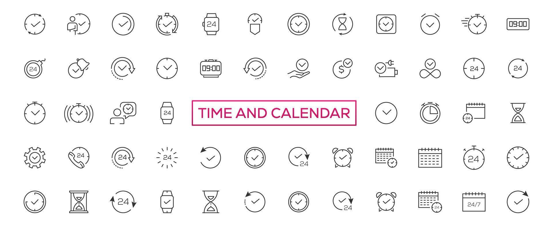 Time And Clock Calendar Timer Line Icons Vector Linear Icon Set