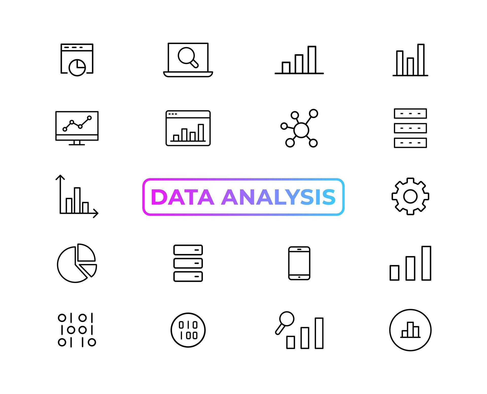 Big data analysis thin line icon set. Data processing outline ...
