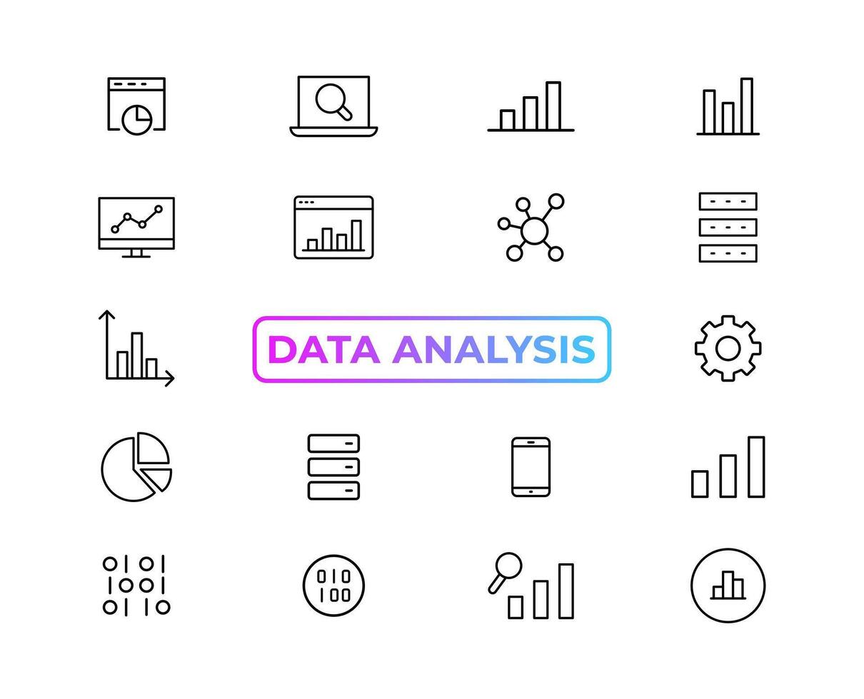 Big data analysis thin line icon set. Data processing outline ...