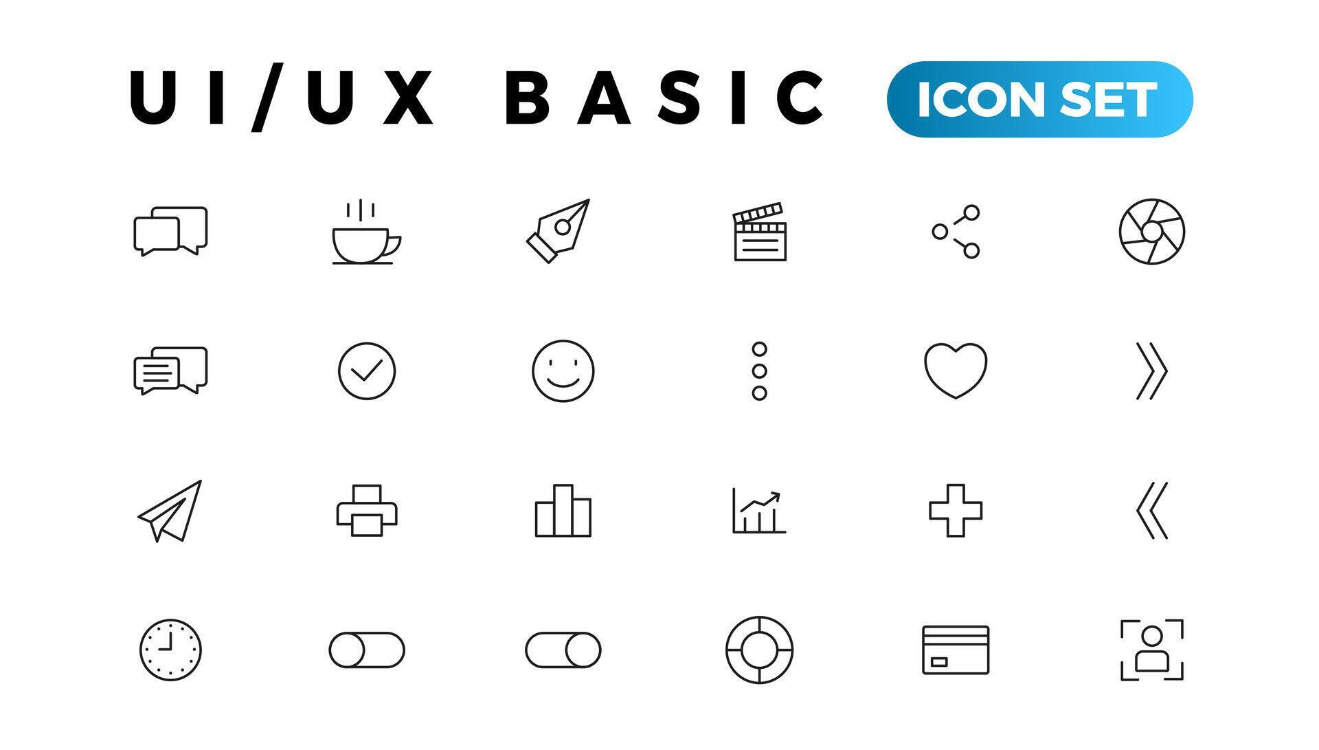 Basic User Interface Essential Set. ui ux Line Outline Icons. For App, Web, Print. Editable ...