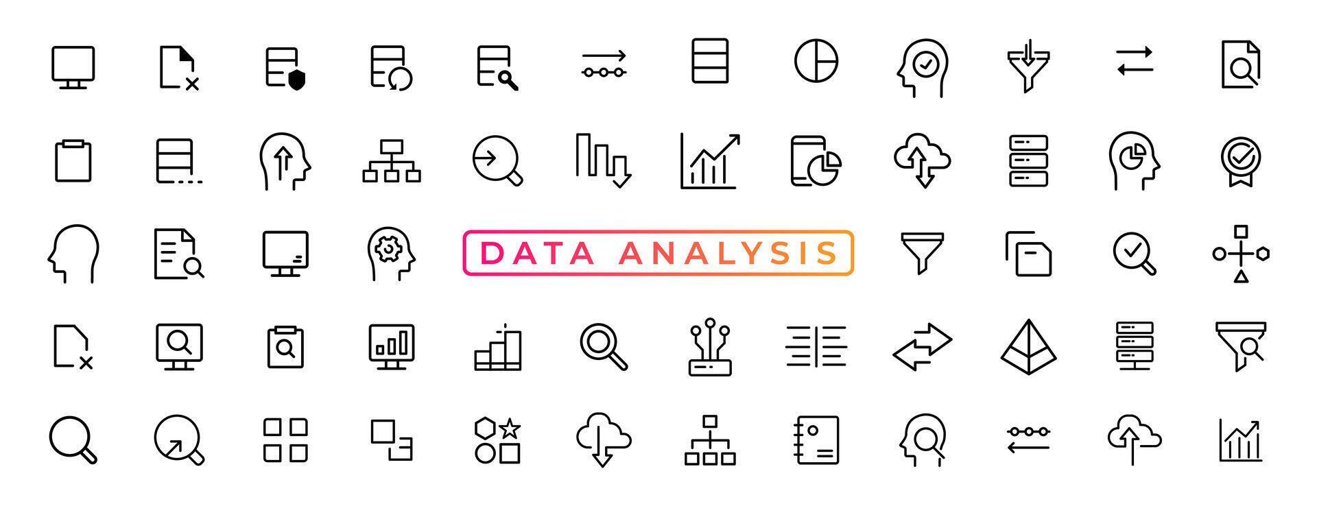 Big data analysis thin line icon set. Data processing outline ...