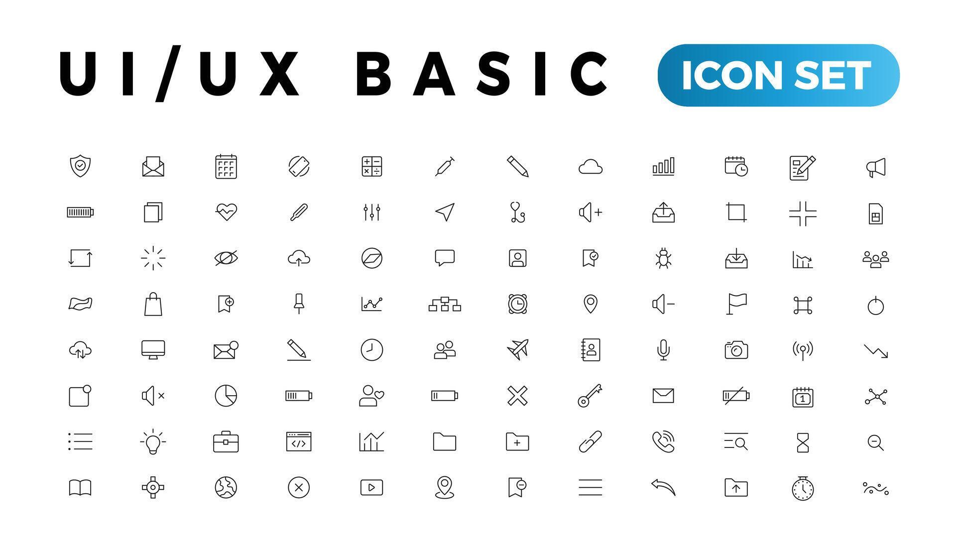 Basic User Interface Essential Set. ui ux Line Outline Icons. For App, Web, Print. Editable ...