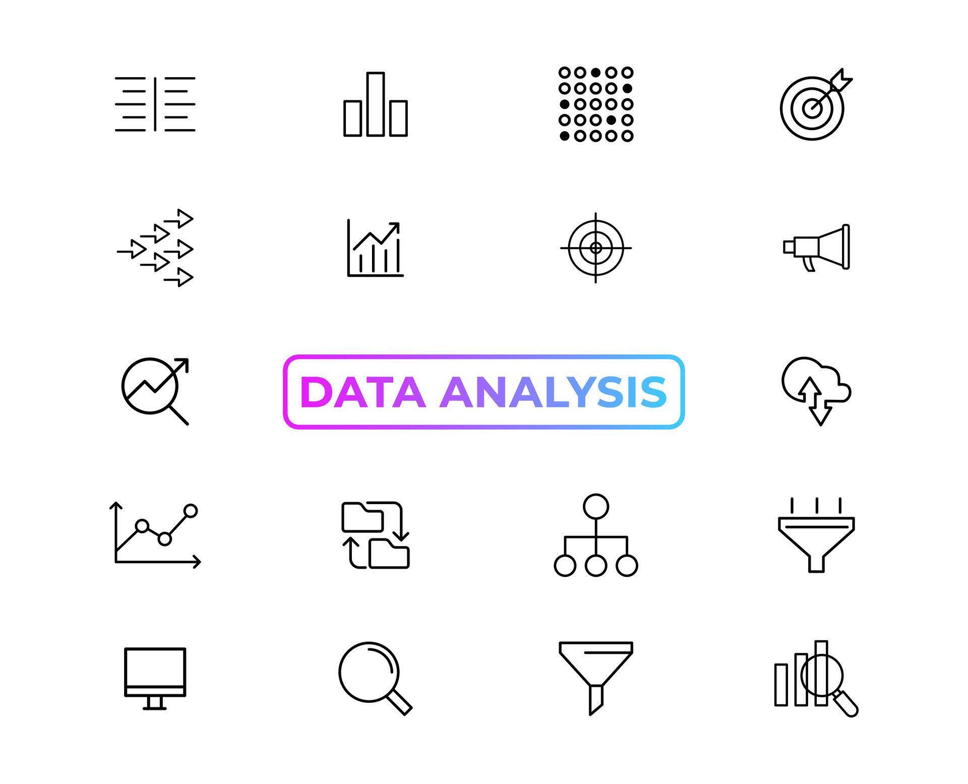 Big data analysis thin line icon set. Data processing outline ...