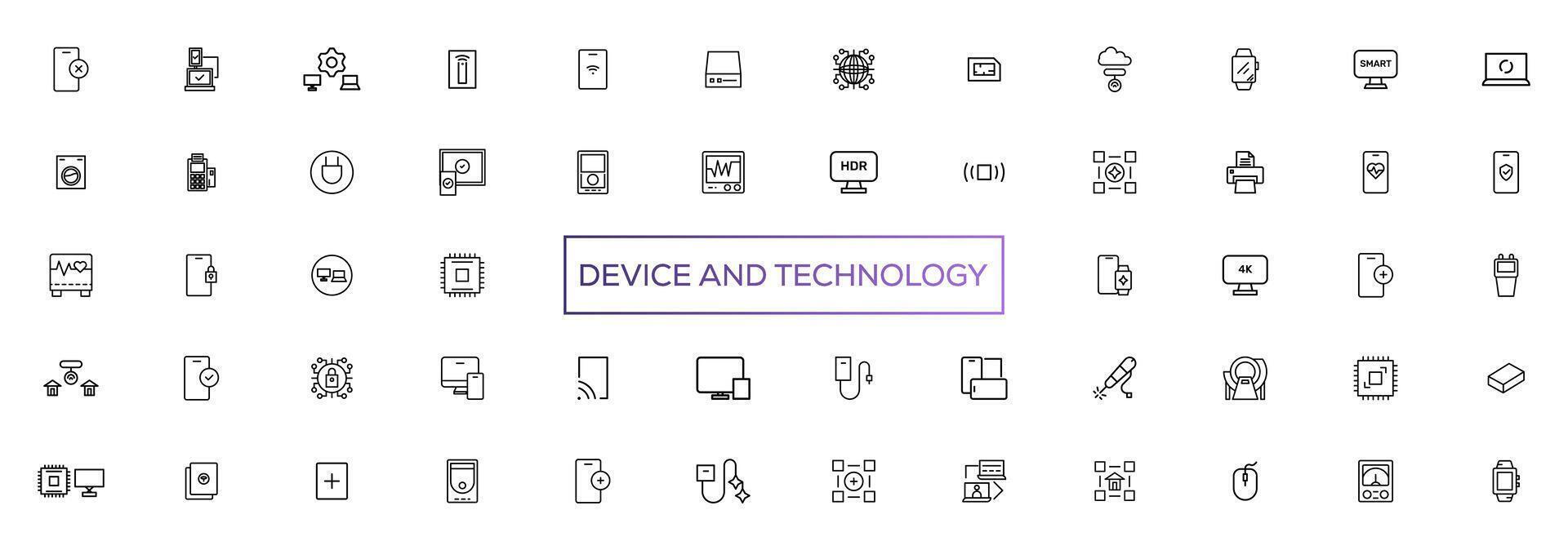 Device and technology line icon set. Electronic devices and gadgets, computer, equipment and ...