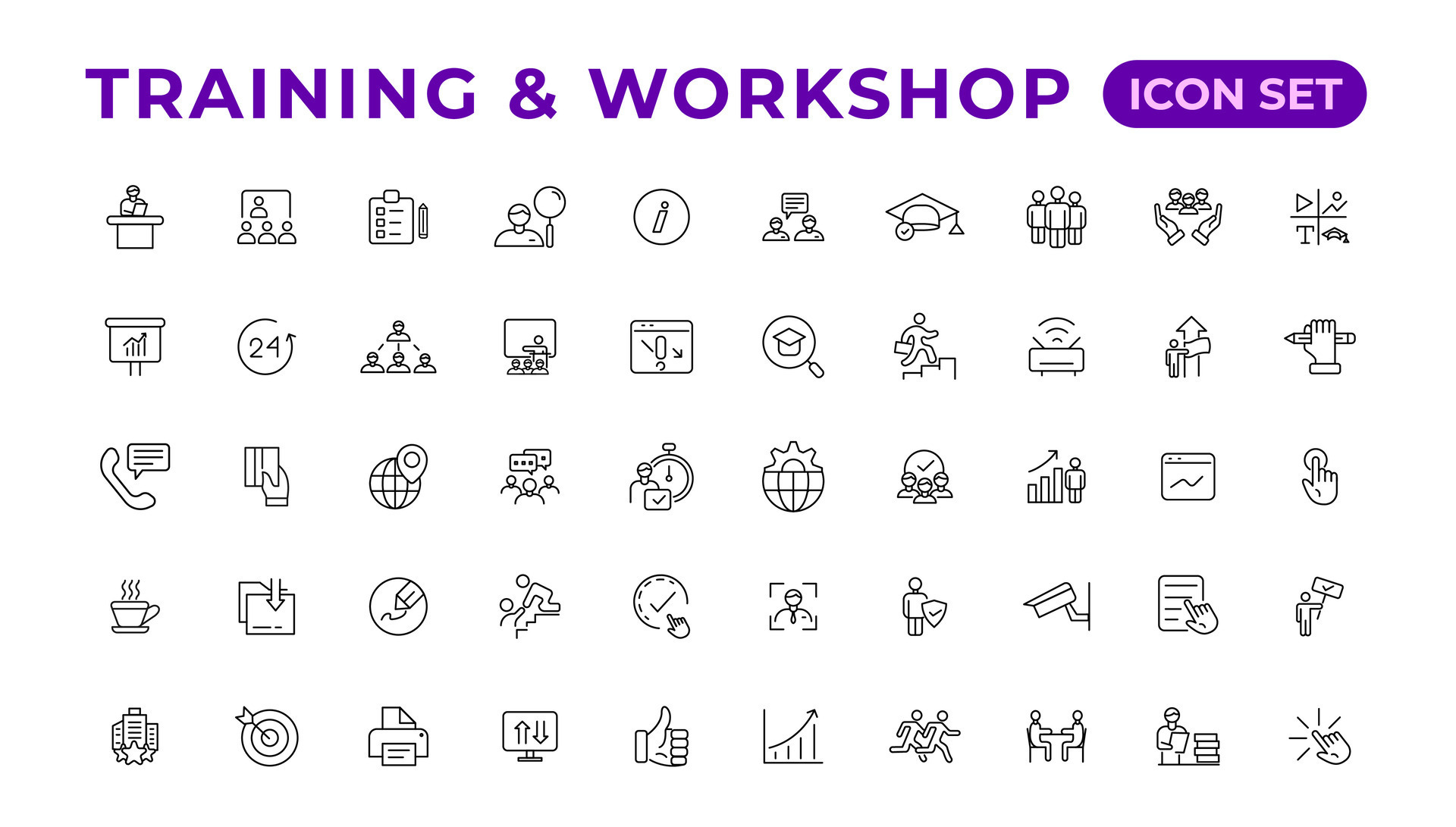 Training and workshop linear icons collection.Set of thin line web icon ...
