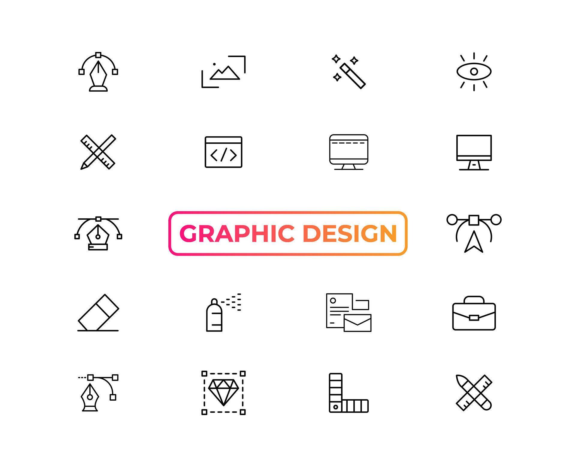 Set of thin line icons of graphic design. Simple linear icons in a modern style flat, Creative ...