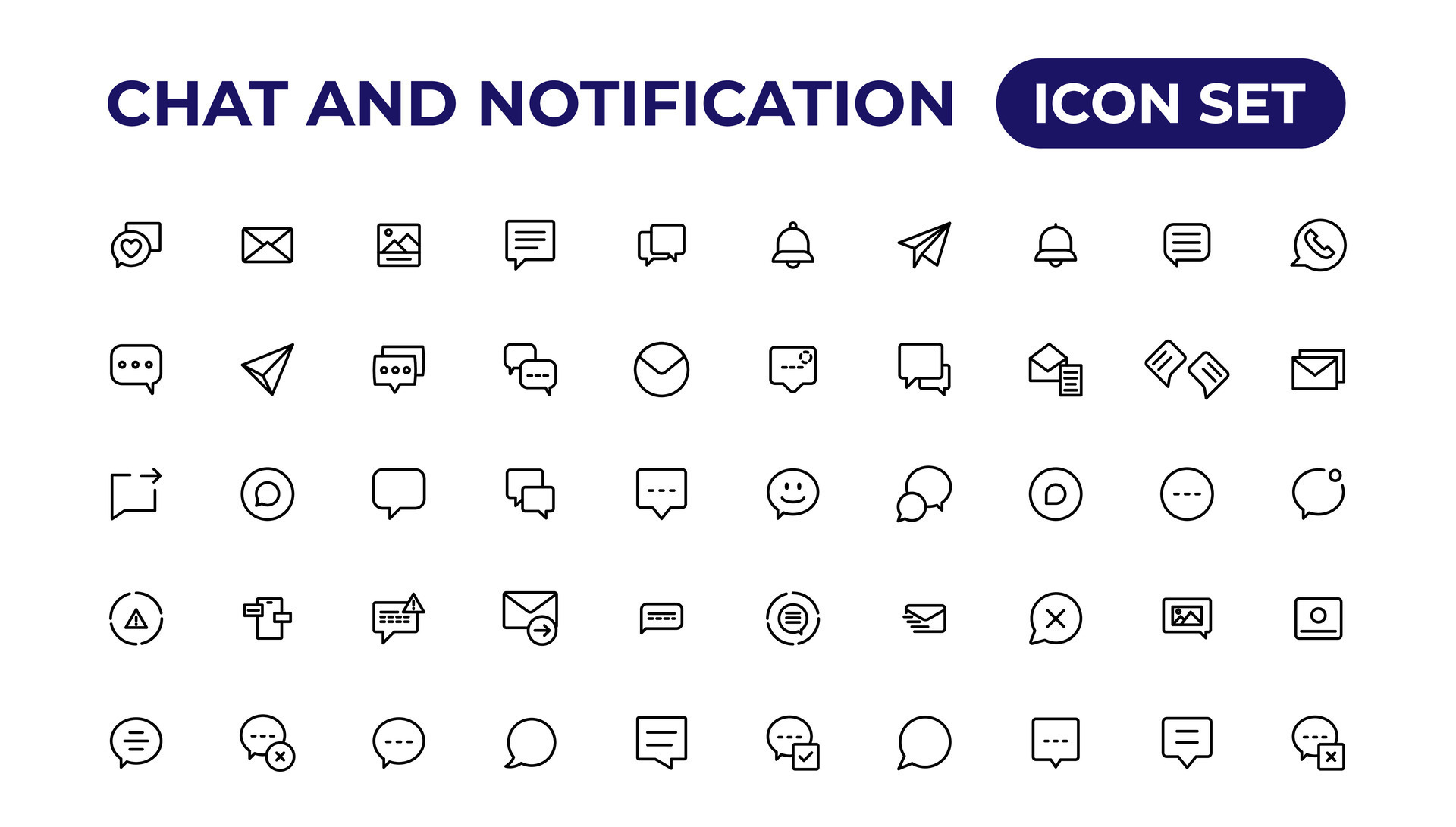 Chat and notification line icons collection. Bell, message, like ...