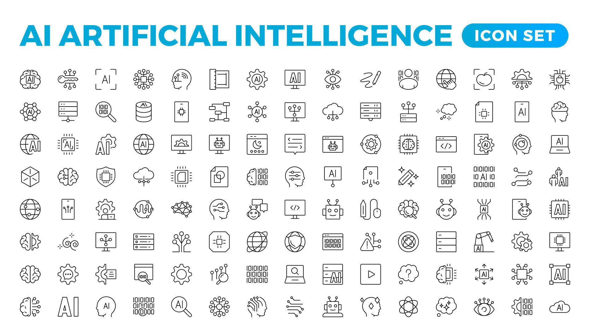 Set of Ai artificial intelligence icon set vector collection. AI Essentials line Icon collection ...