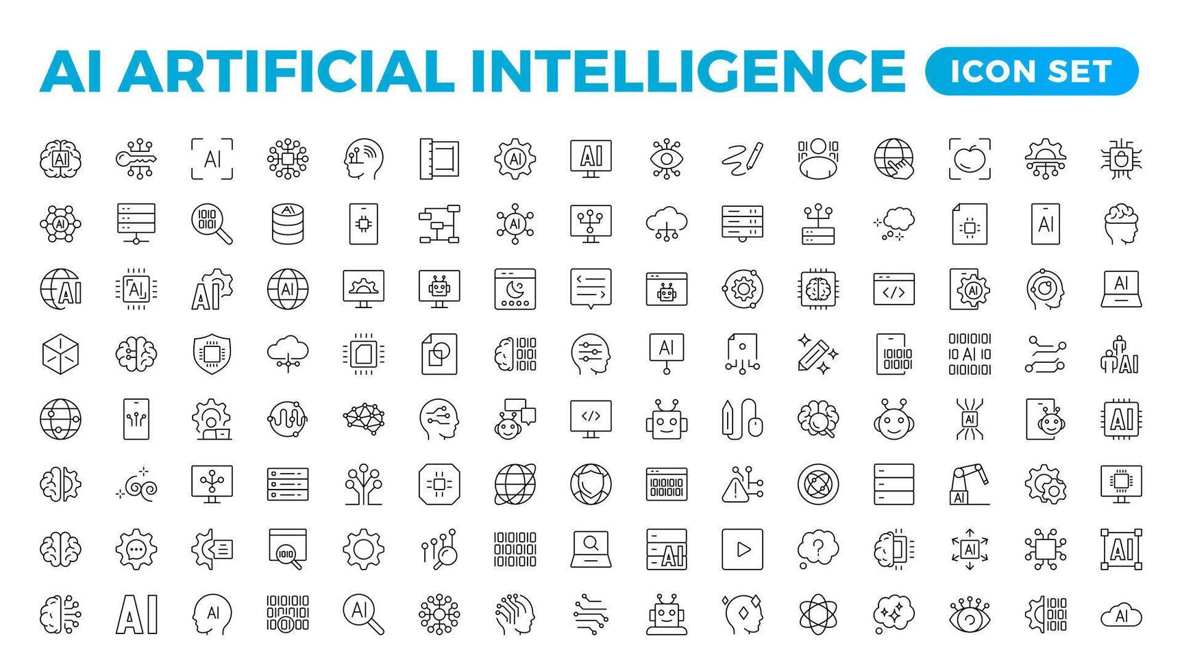 Set of Ai artificial intelligence icon set vector collection. AI Essentials line Icon collection ...
