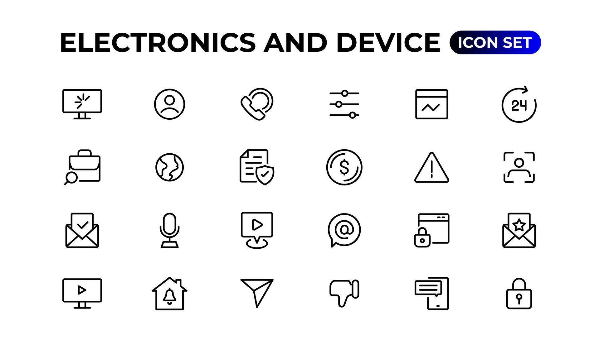 Electronics and device lines icon set. Electronic devices and gadgets, computer, equipment and ...