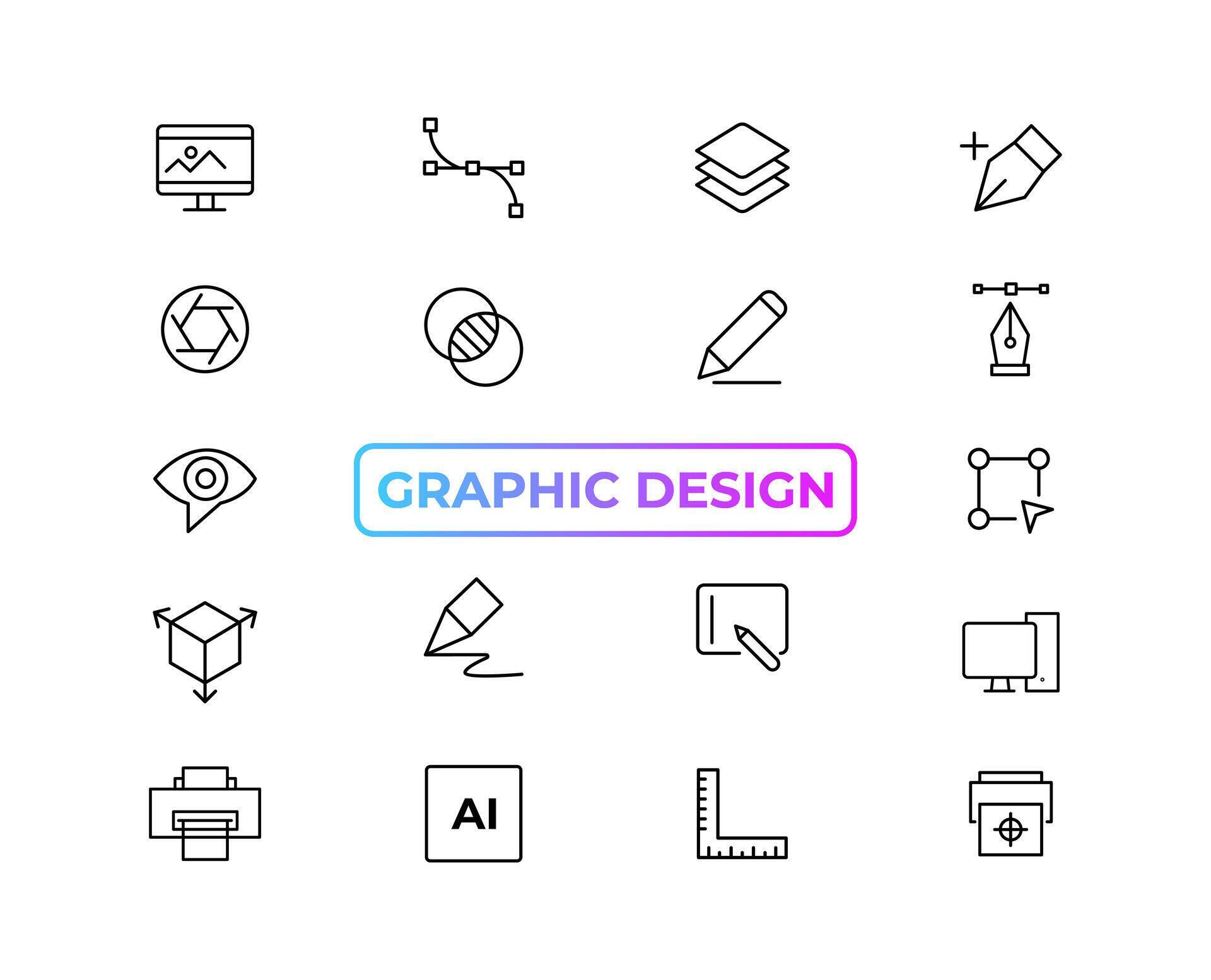 Set of thin line icons of graphic design. Simple linear icons in a modern style flat, Creative ...