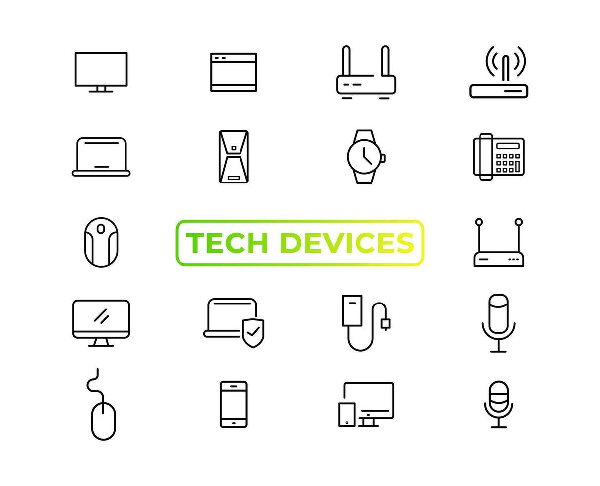 Device and technology line icon set. Electronic devices and gadgets, computer, equipment and ...