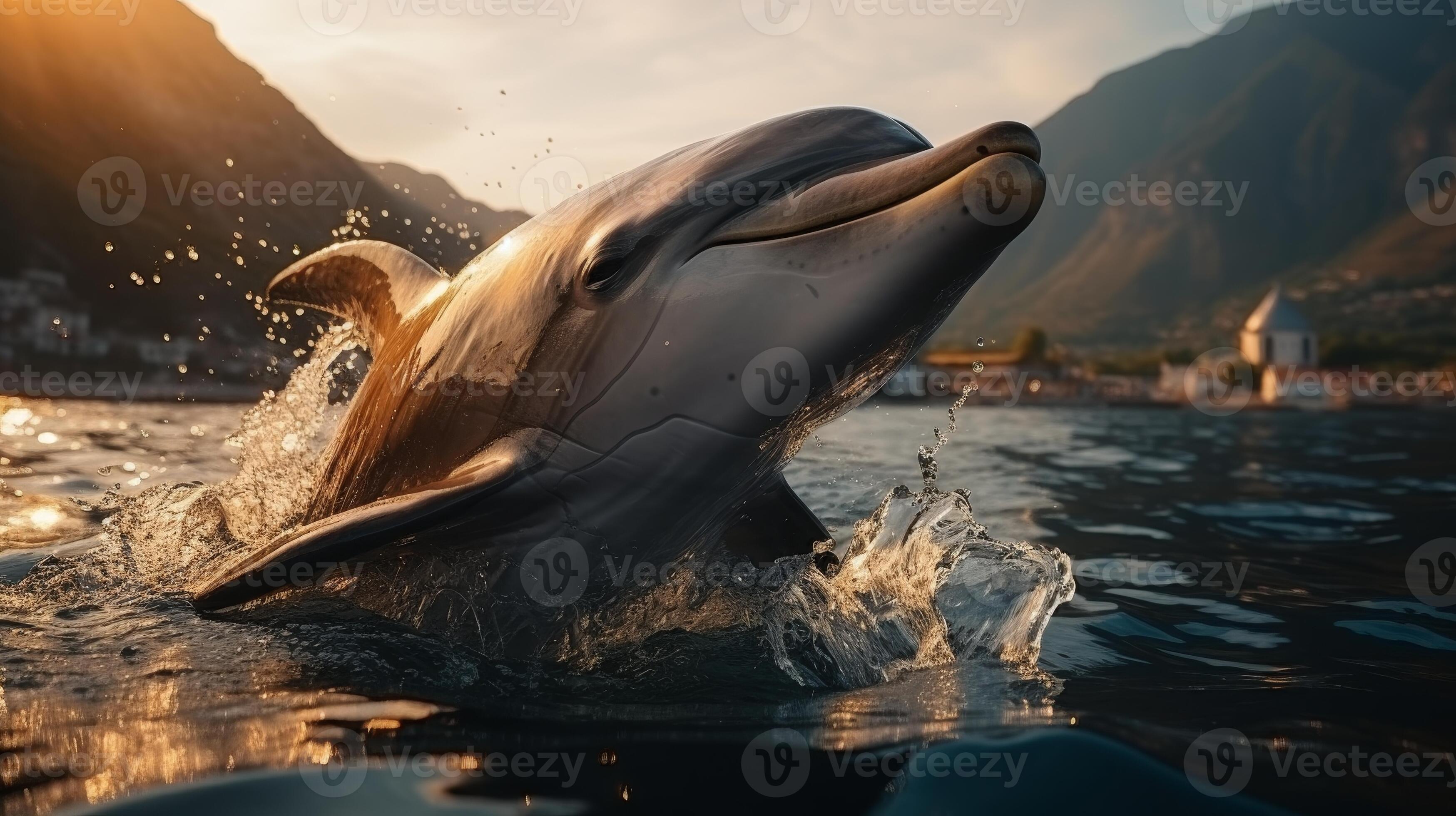 AI generated Beautiful dolphin leaping out of clear blue water with ...