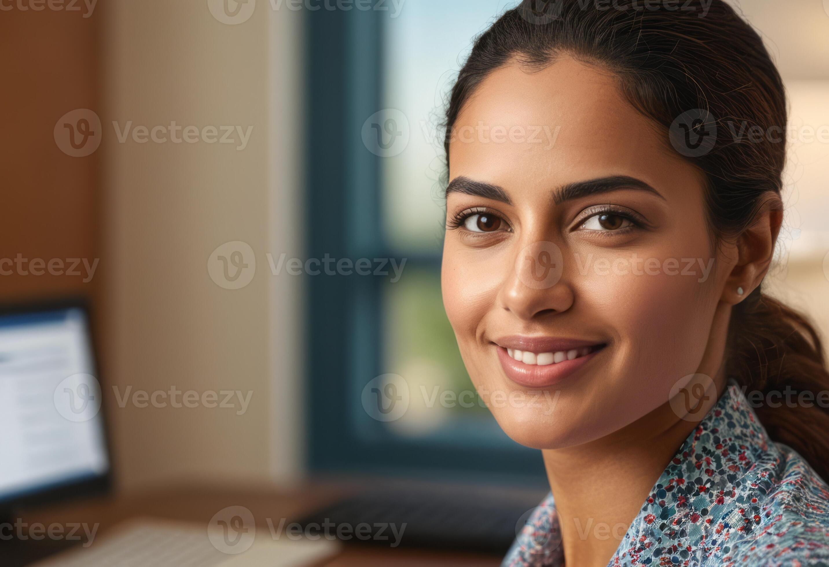 AI Generated A woman is deeply focused while working on her computer in ...