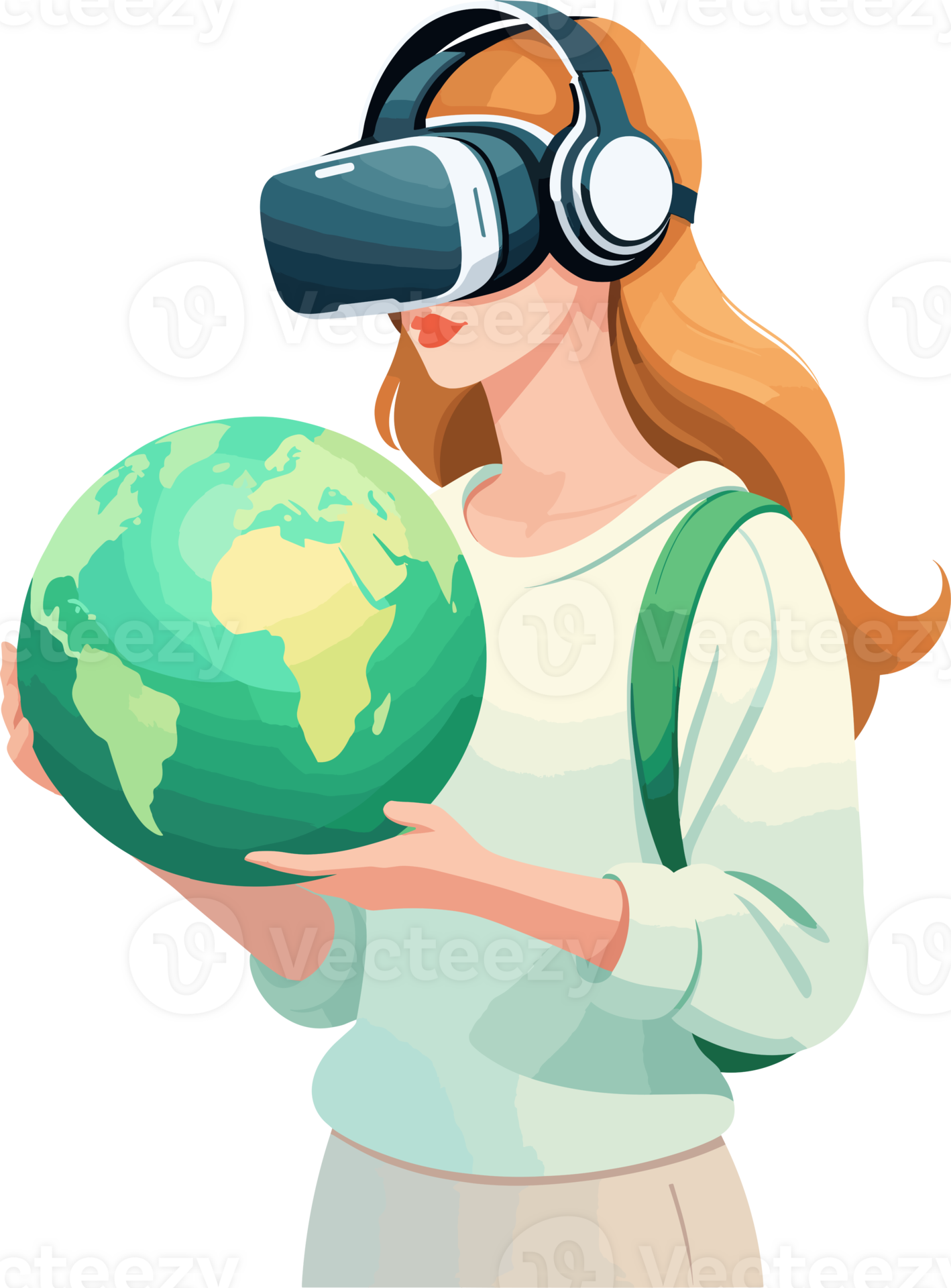 AI generated Girl wearing Virtual Reality VR headset and green globe ...