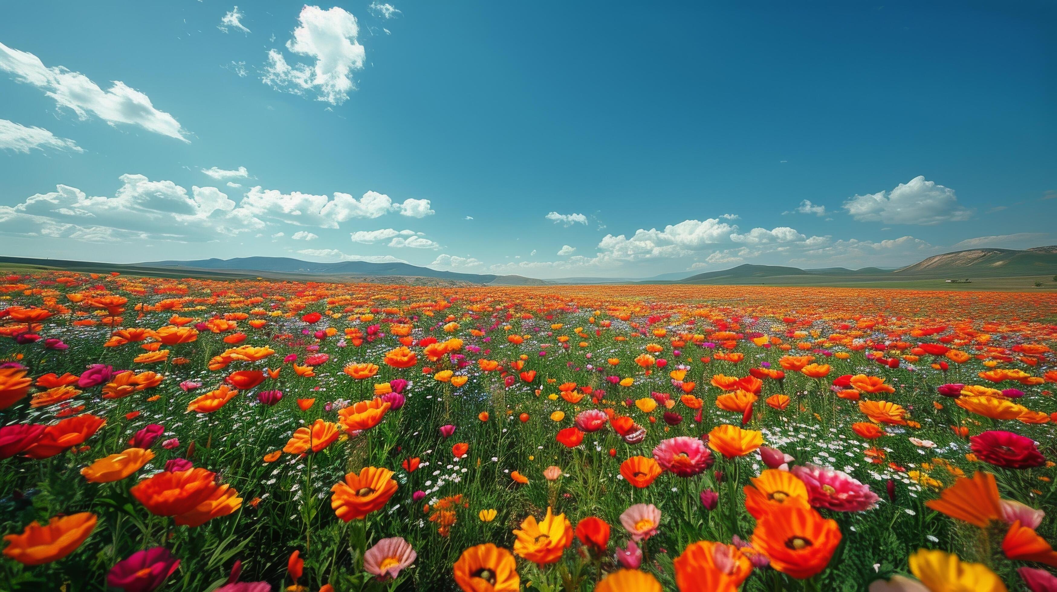 Ai Generated Colorful Field Of Flowers Under Blue Sky 42106735 Stock