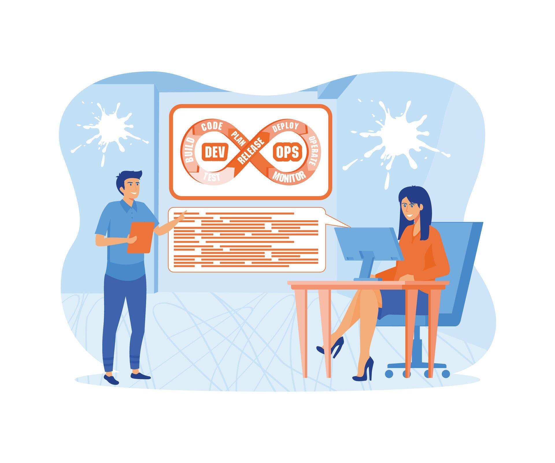 Team of programmer concept with devops software development practices methodology. flat vector ...