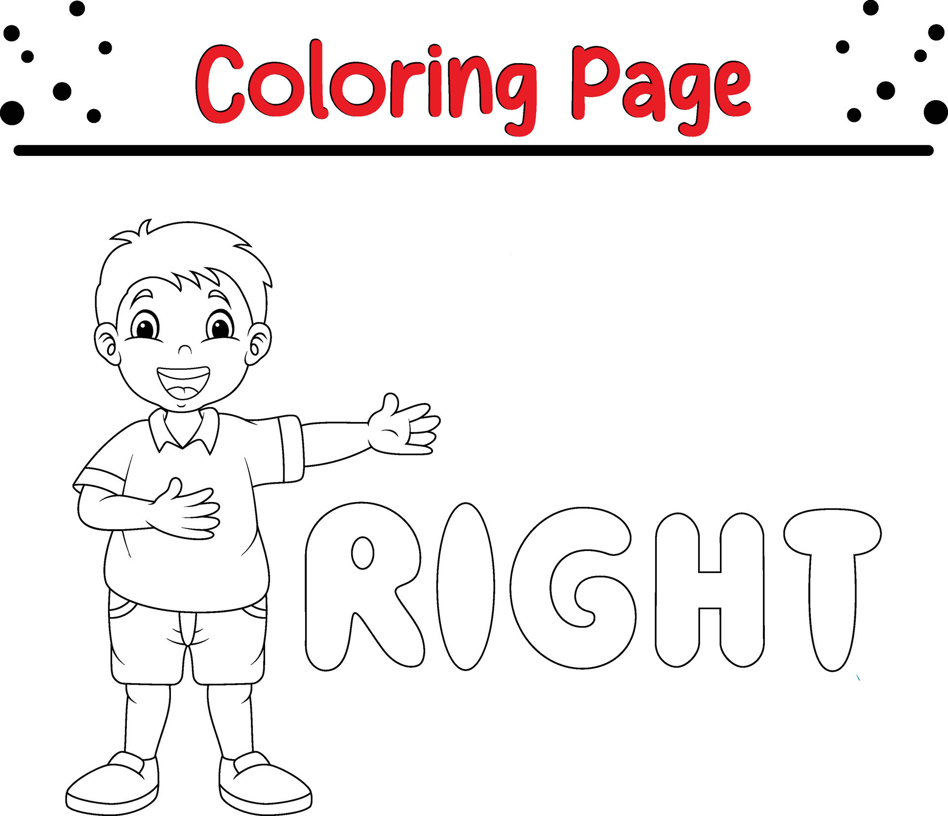 Coloring page little boy pointing his right with right word 42109544 Vector Art at Vecteezy