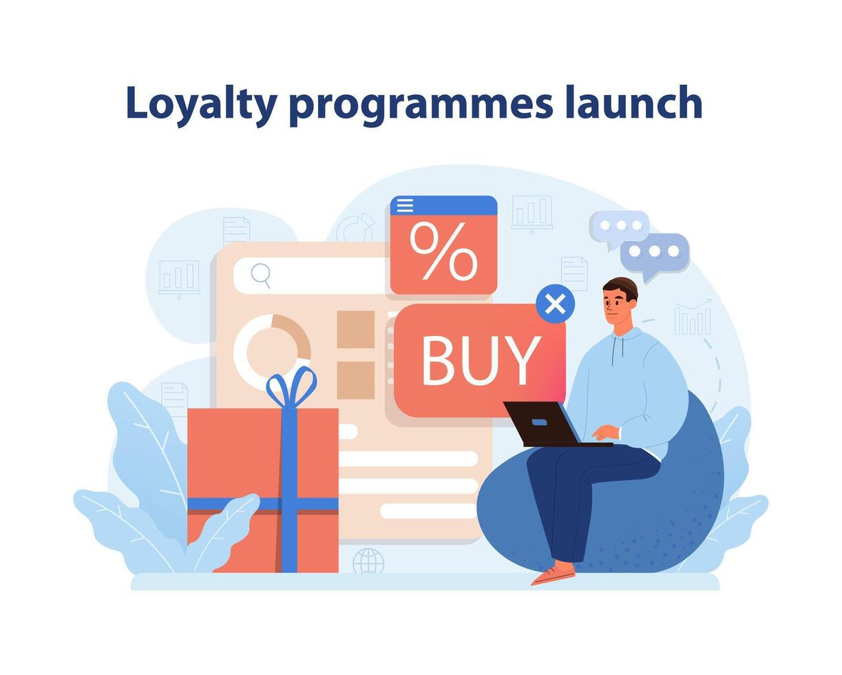 Customer Loyalty Program Launch. Illustration of a marketing expert initiating reward-based ...