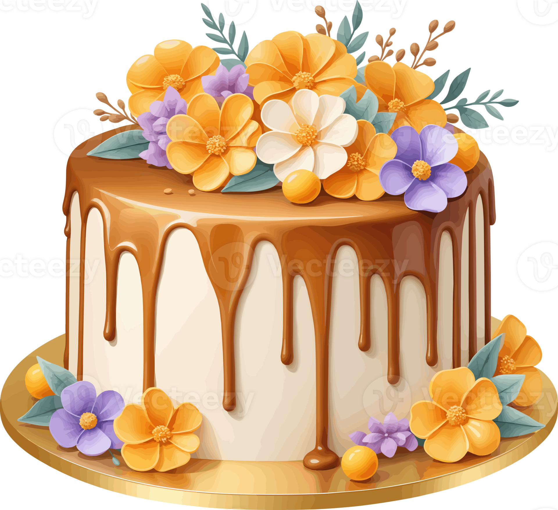 AI generated Yummy caramel cake decorated by flowers clipart isolated on transparent background ...