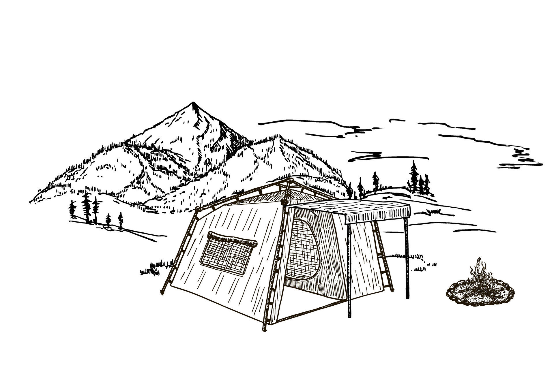Landscape illustration in sketch style with tent, campfire, mountains ...