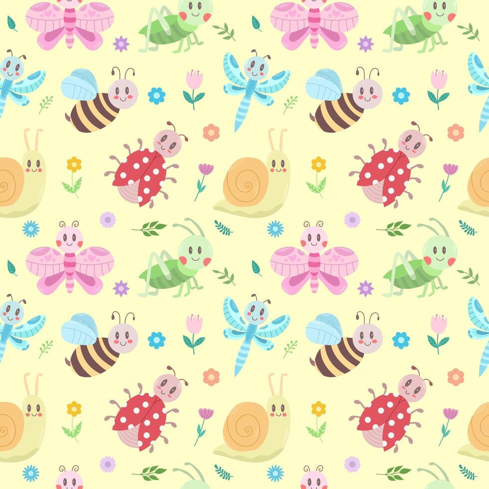 Seamless Pattern With Cute Insects Flowers And Leaves Grasshopper