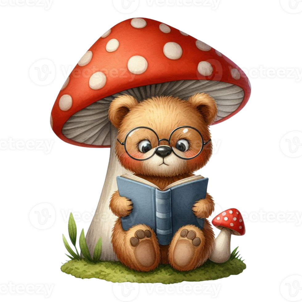 Ai Generated A Cute Teddy Bear Reading A Book Under A Mushroom 42156029 Png