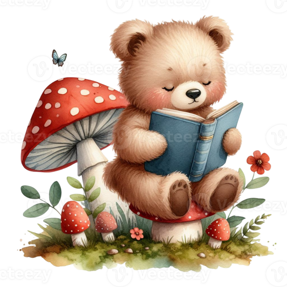 Ai Generated A Cute Teddy Bear Reading A Book Under A Mushroom 42156122 Png