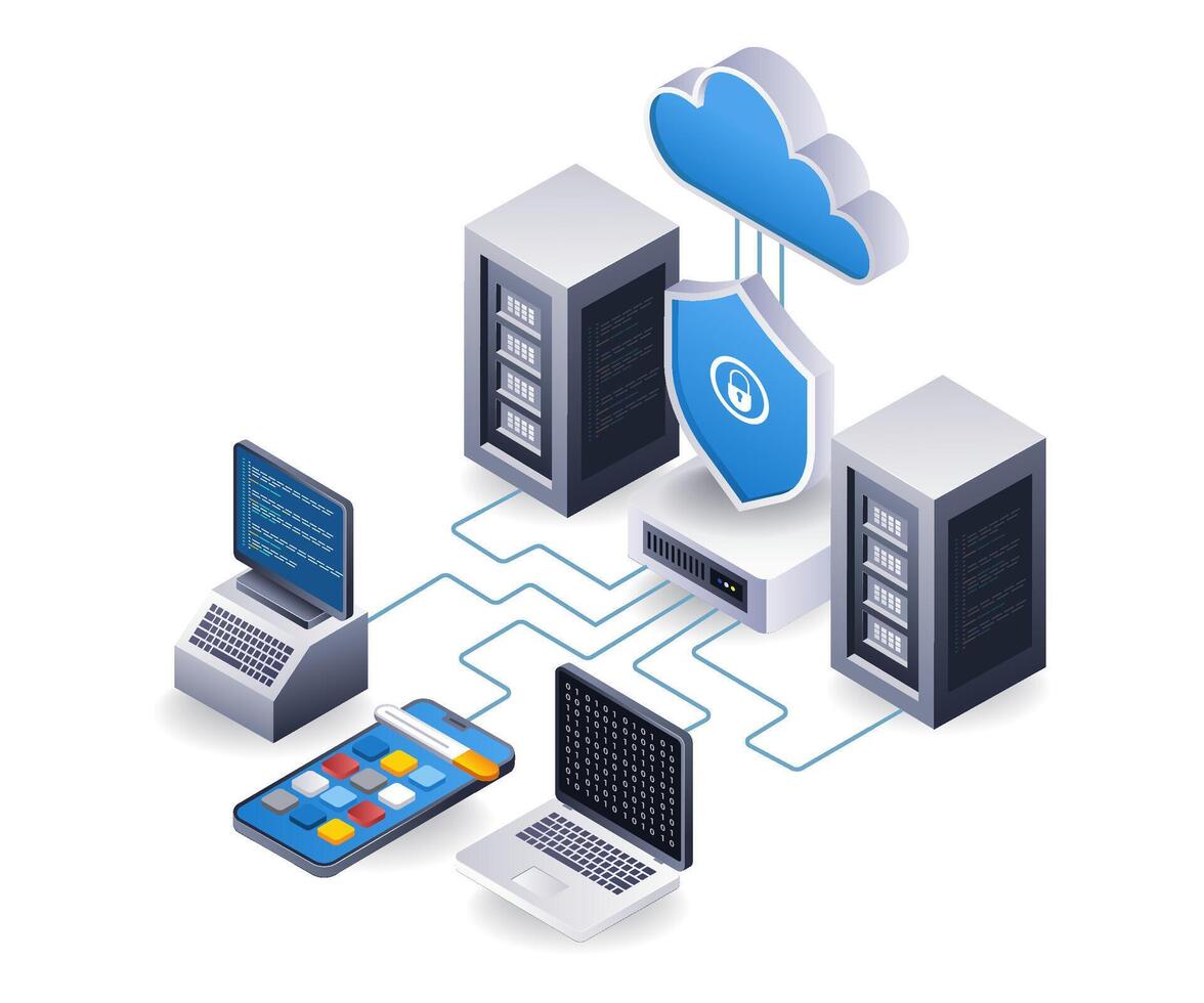 End point data security cloud server application technology concept, flat isometric 3d ...