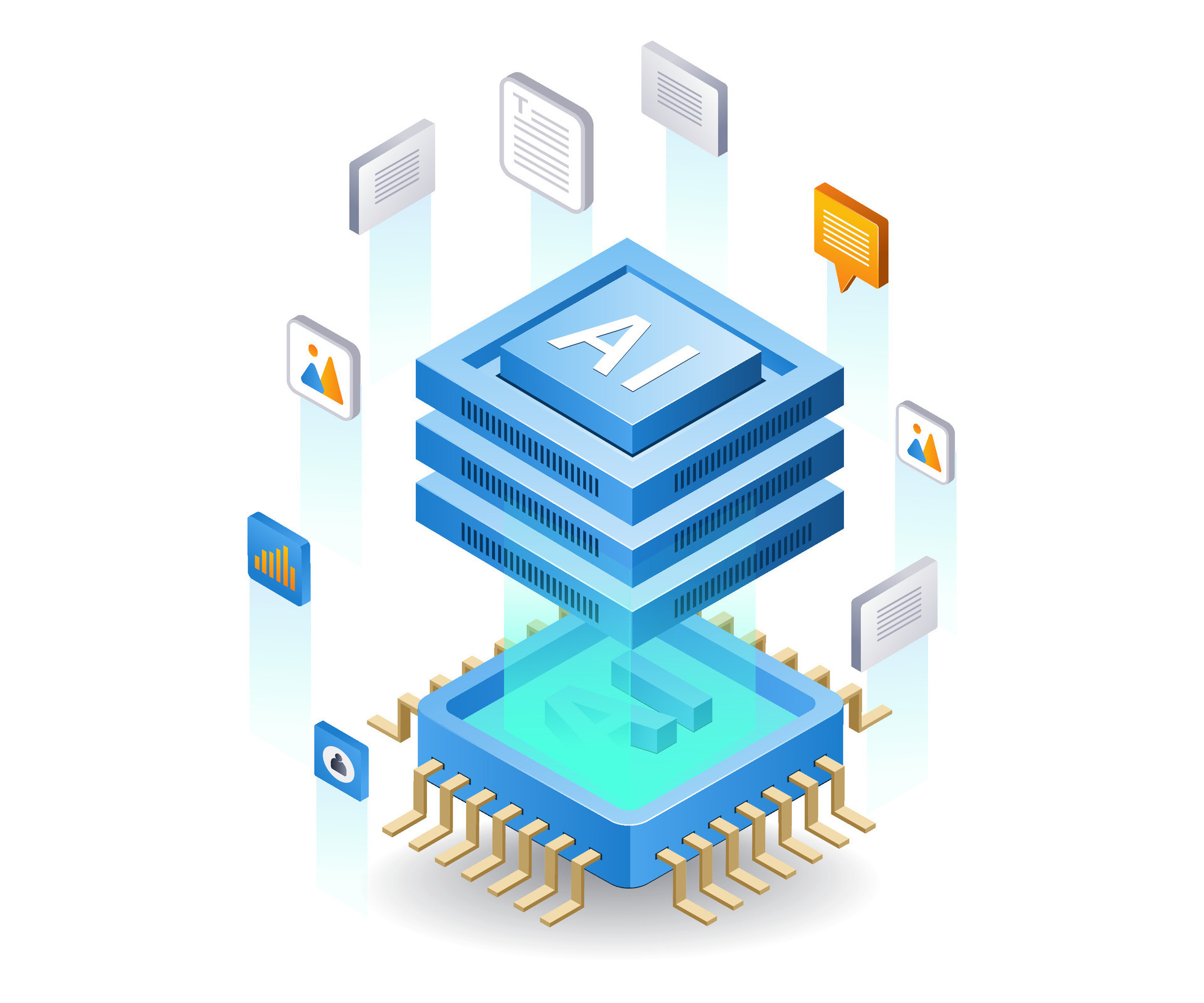 Artificial intelligence can create many digital products, flat isometric 3d illustration ...