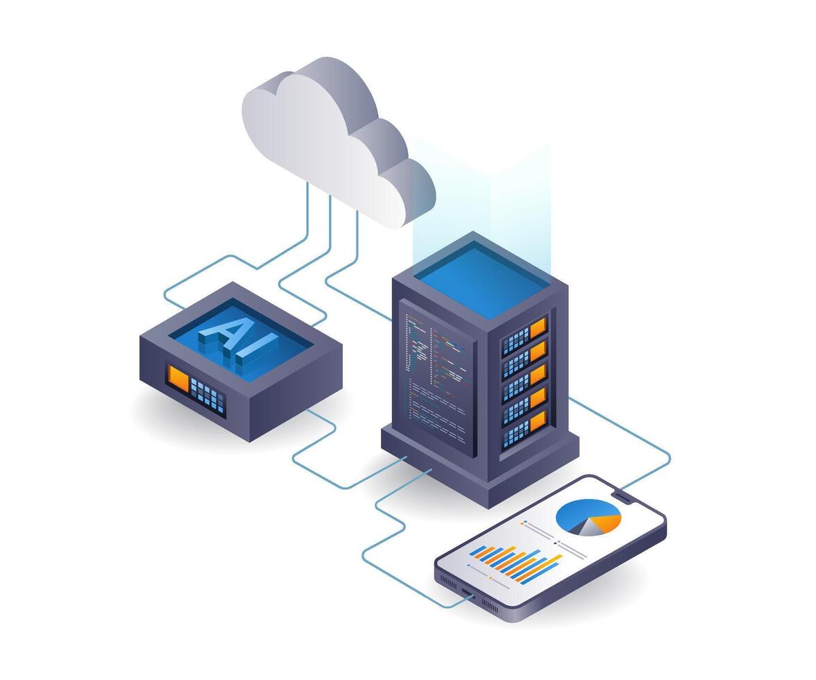 Artificial intelligence cloud server smartphone analysis, flat isometric 3d illustration ...