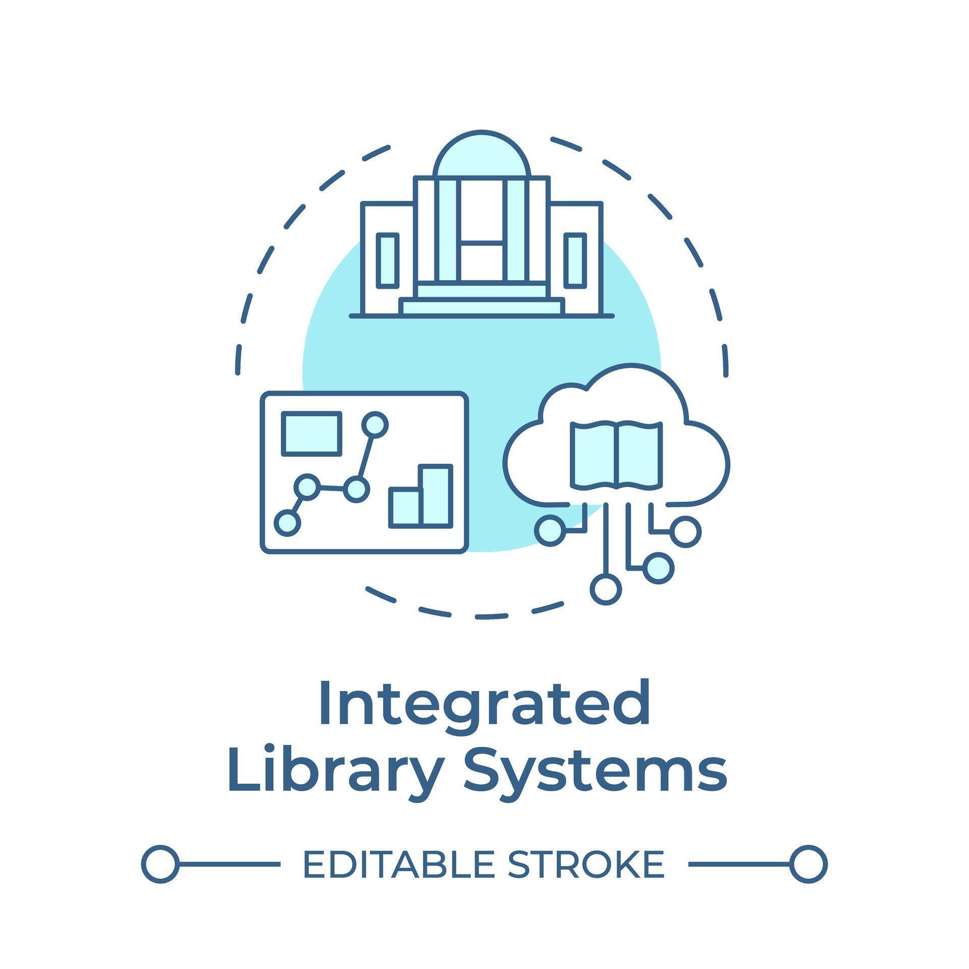 Integrated library systems soft blue concept icon. Books managing, user ...