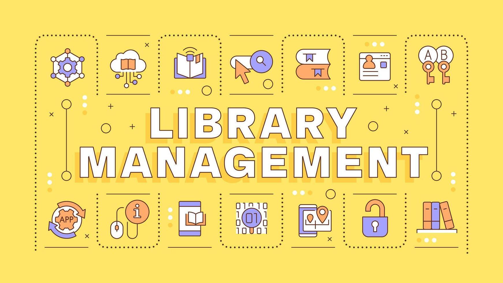 Library management yellow word concept. Books and materials. Security ...