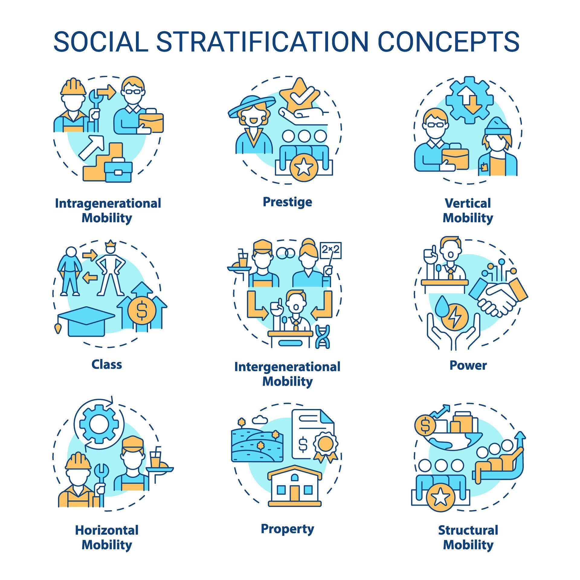 Social Stratification And Mobility Multi Color Concept Icons