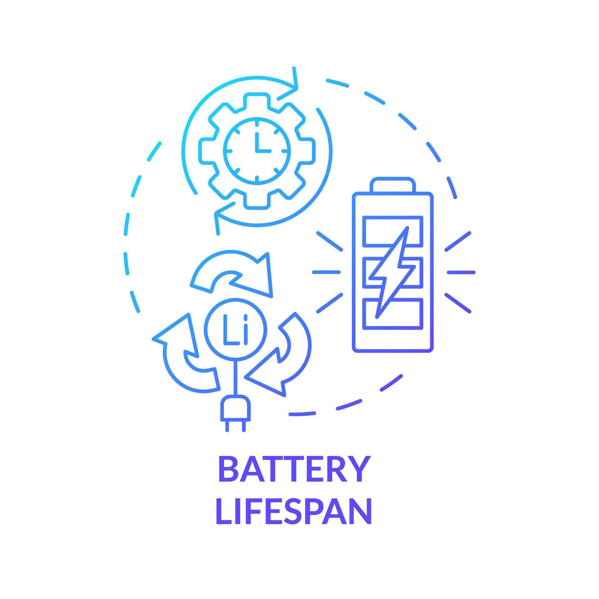 Battery lifespan blue gradient concept icon. Lithium battery capacity. Charging evolution. Round ...