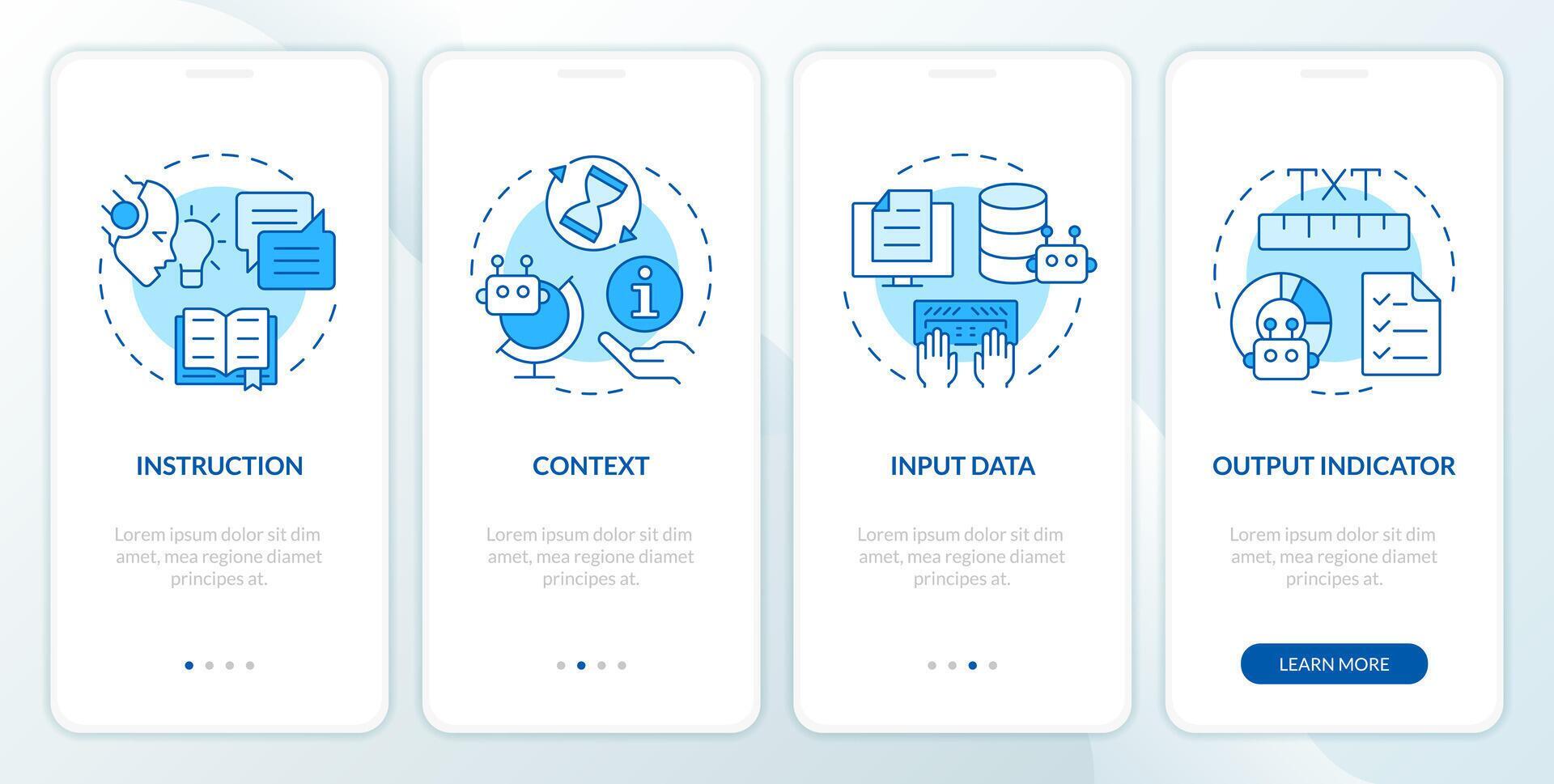 Prompt key elements blue onboarding mobile app screen. Walkthrough 4 steps editable graphic ...