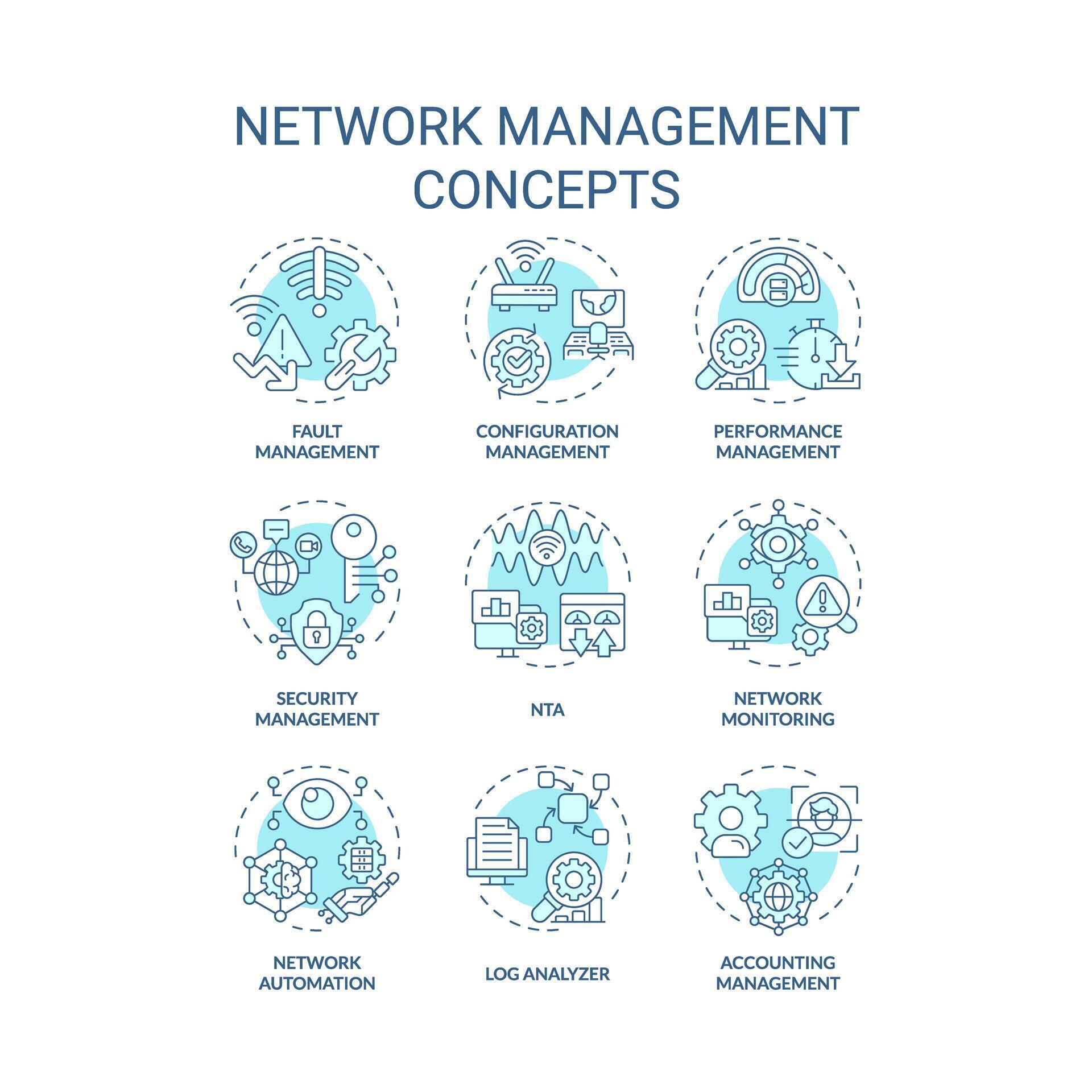 Network management soft blue concept icons. System architecture, performance monitoring. Network ...