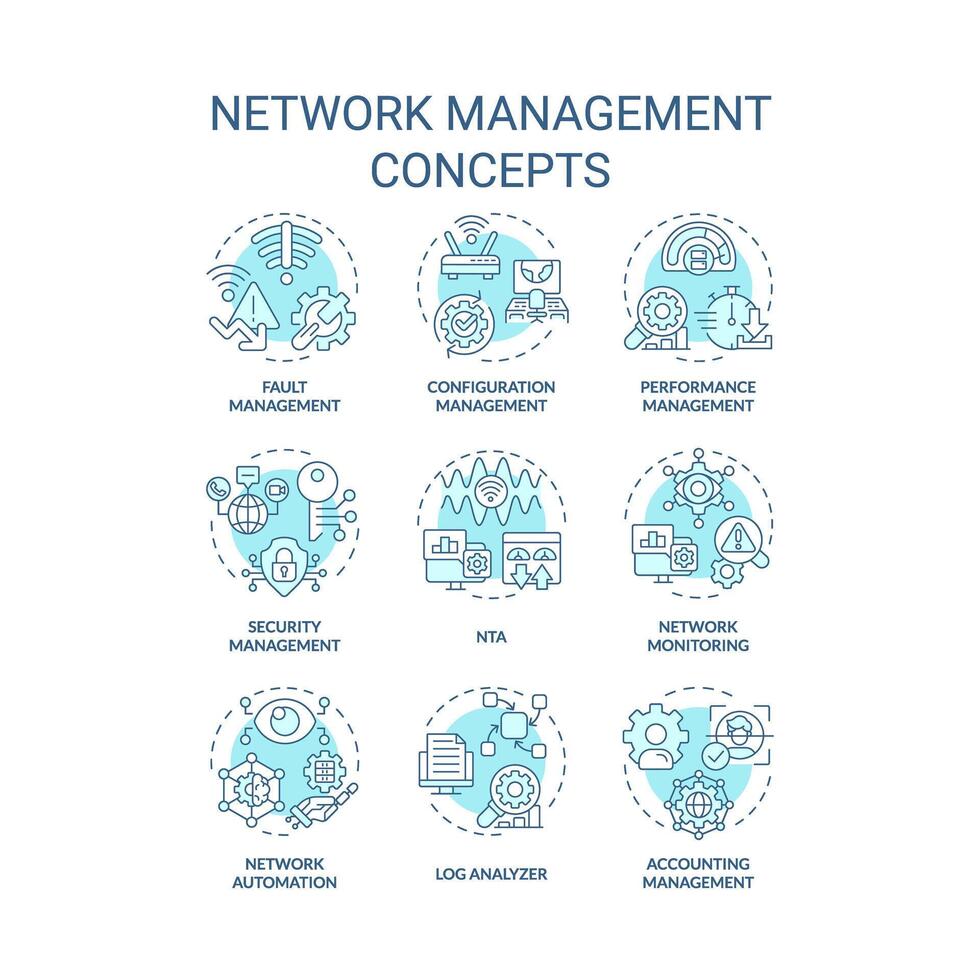 Network management soft blue concept icons. System architecture, performance monitoring. Network ...