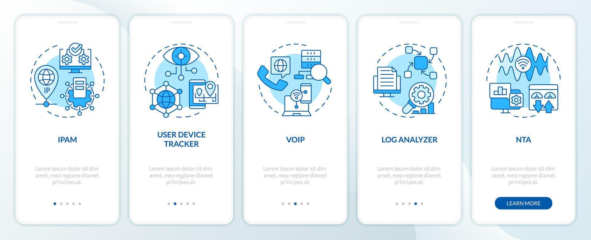 Network management software blue onboarding mobile app screen. Walkthrough 5 steps editable ...
